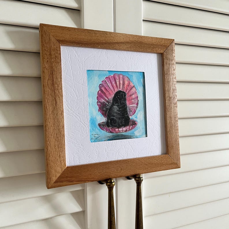 Original Pug Painting: Black Pug in Pink Seashell Artwork, Framed ...