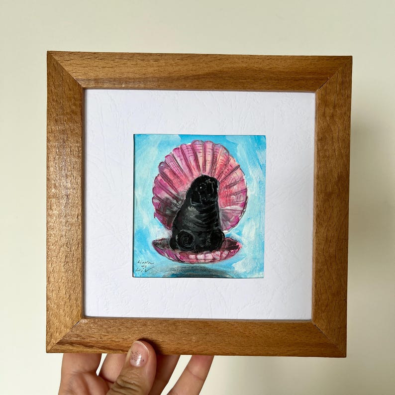 Original Pug Painting: Black Pug in Pink Seashell Artwork, Framed ...