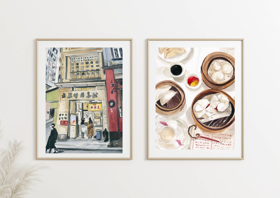 Set of 2 Hong Kong Dim Sum Prints, Hong Kong Cityscape, Noodles ...