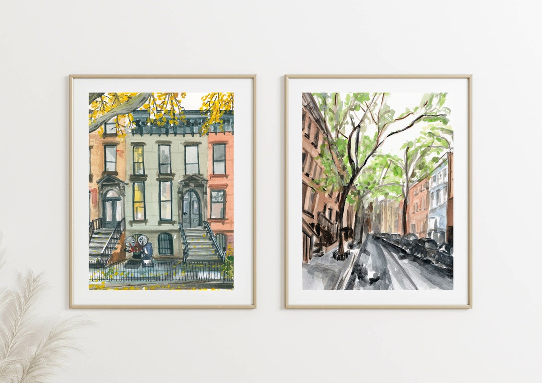 Set of 2 New York Brownstone Prints, Brooklyn Building, Williamsburg ...