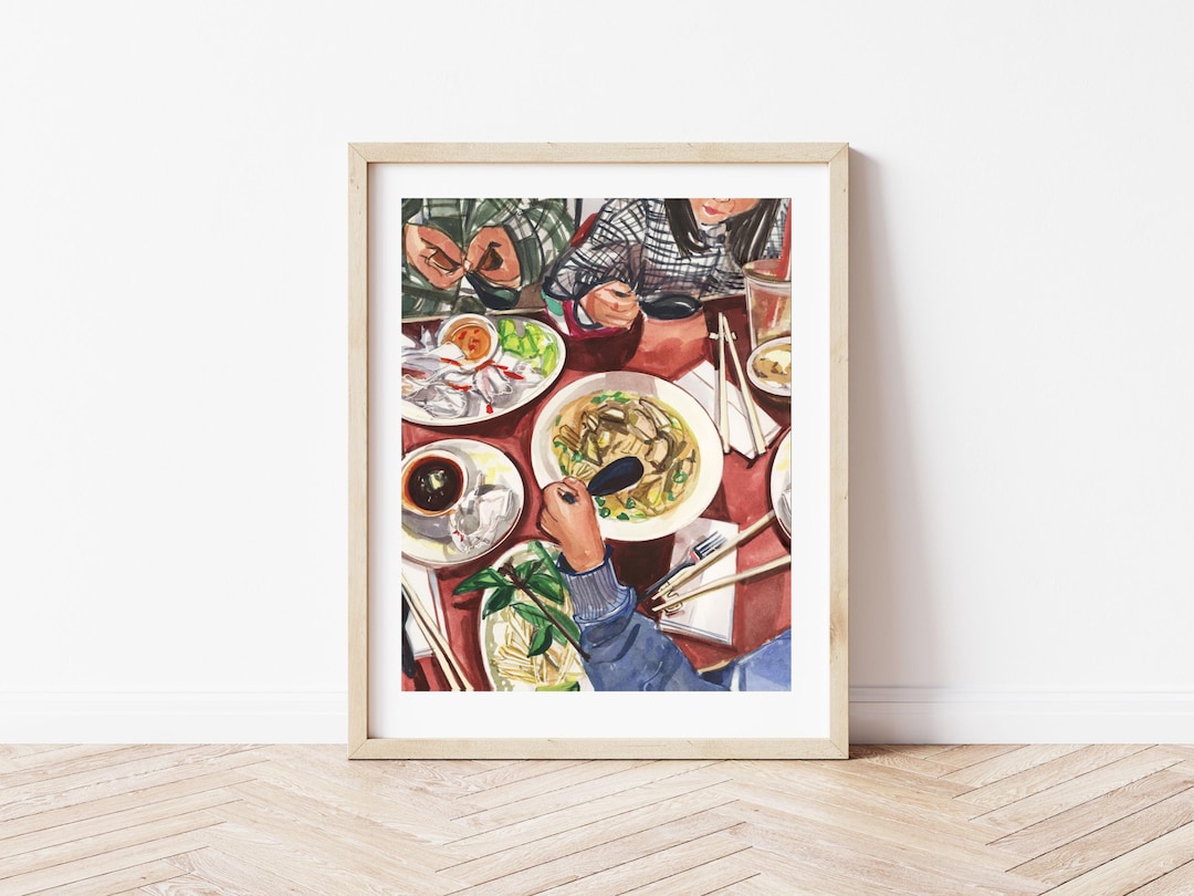 Watercolor Painting of Friends & Kids Eating Pho | Original Food Art ...