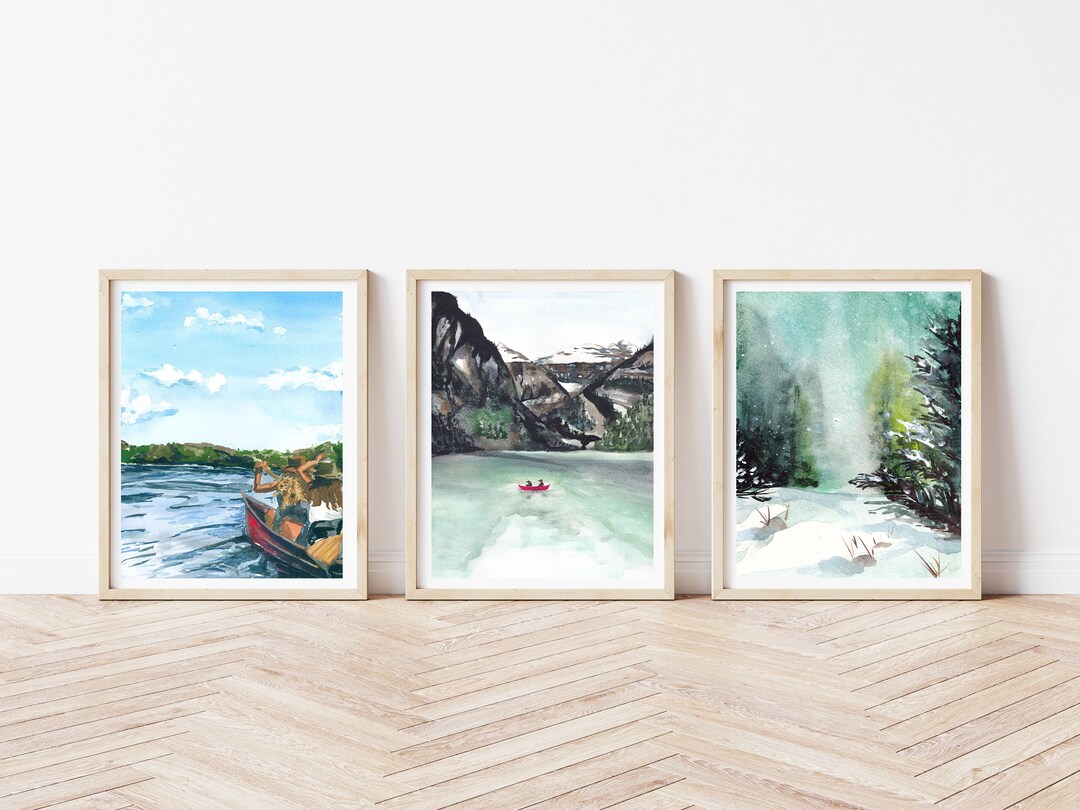 Set of 3 Outdoor Adventure Gallery, Banff and Lake Louise Red Canoe ...