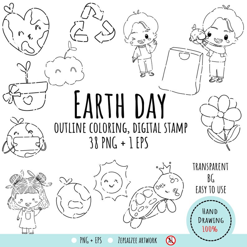 Earth Day Coloring Page and Digital Stamp, Earth Day Illustration ...