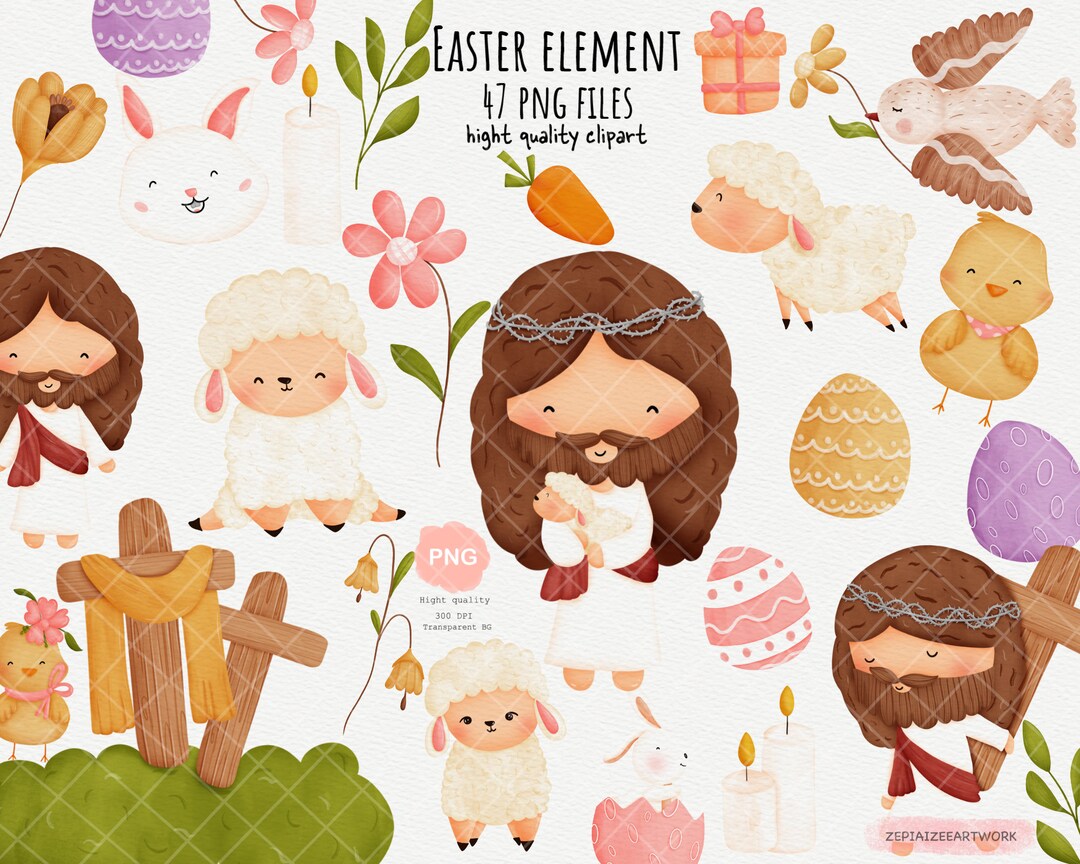Easter Day Clipart With Jesus and Bible Story Elements.animal and Egg ...