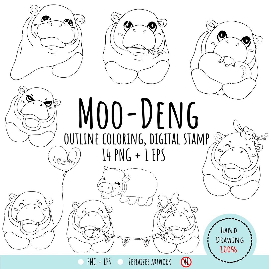 Moo-deng Hippopotamus Coloring Page and Digital Stamp, Hippopotamus ...