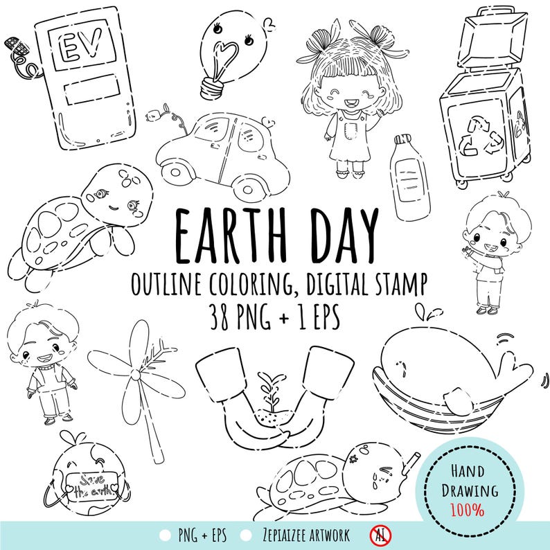 Earth Day Coloring Page and Digital Stamp, Earth Day Illustration ...