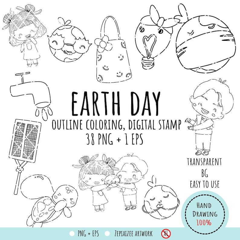Earth Day Coloring Page and Digital Stamp, Earth Day Illustration ...