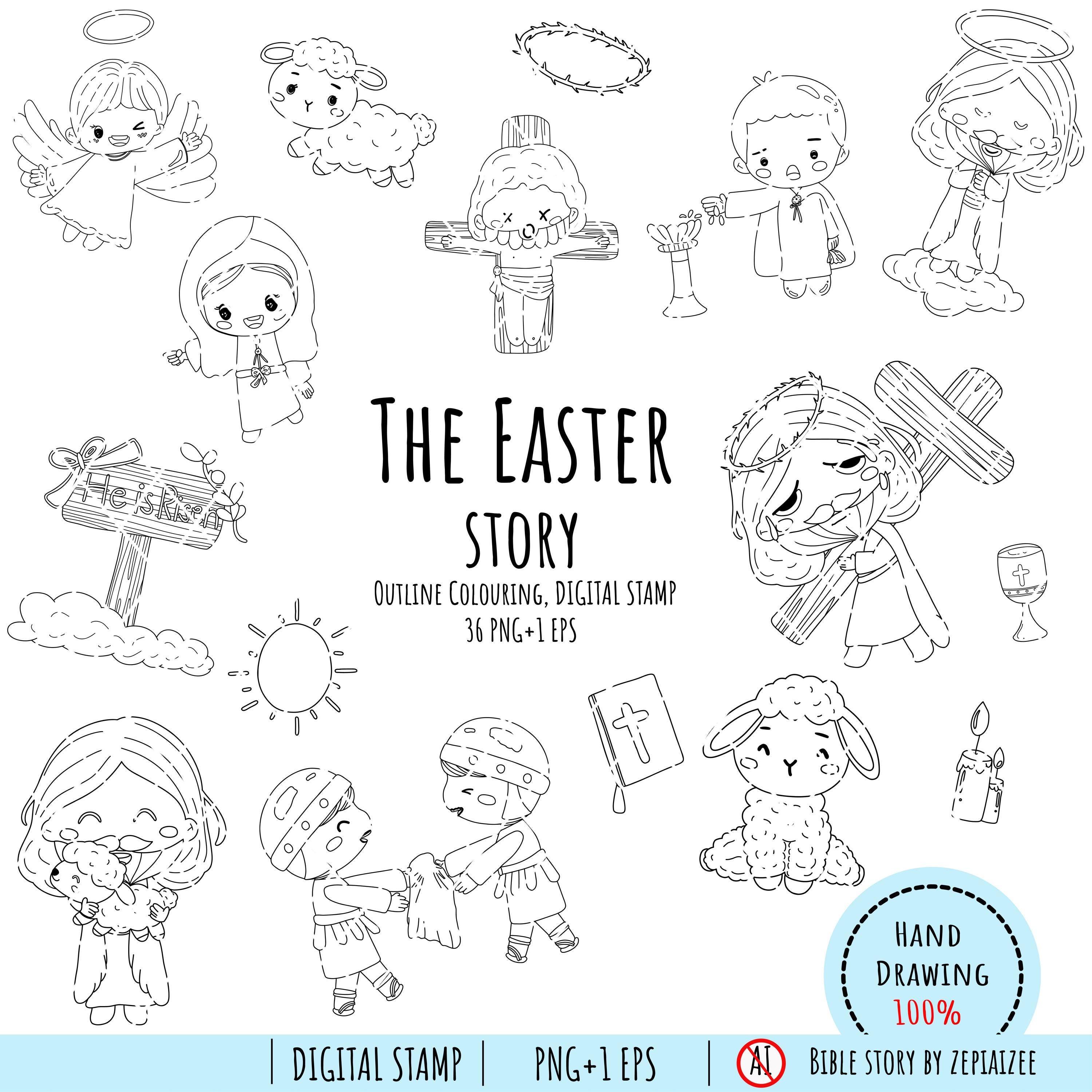 Jesus Easter Story Outline Coloring Digital Stamp - Christian Religious ...