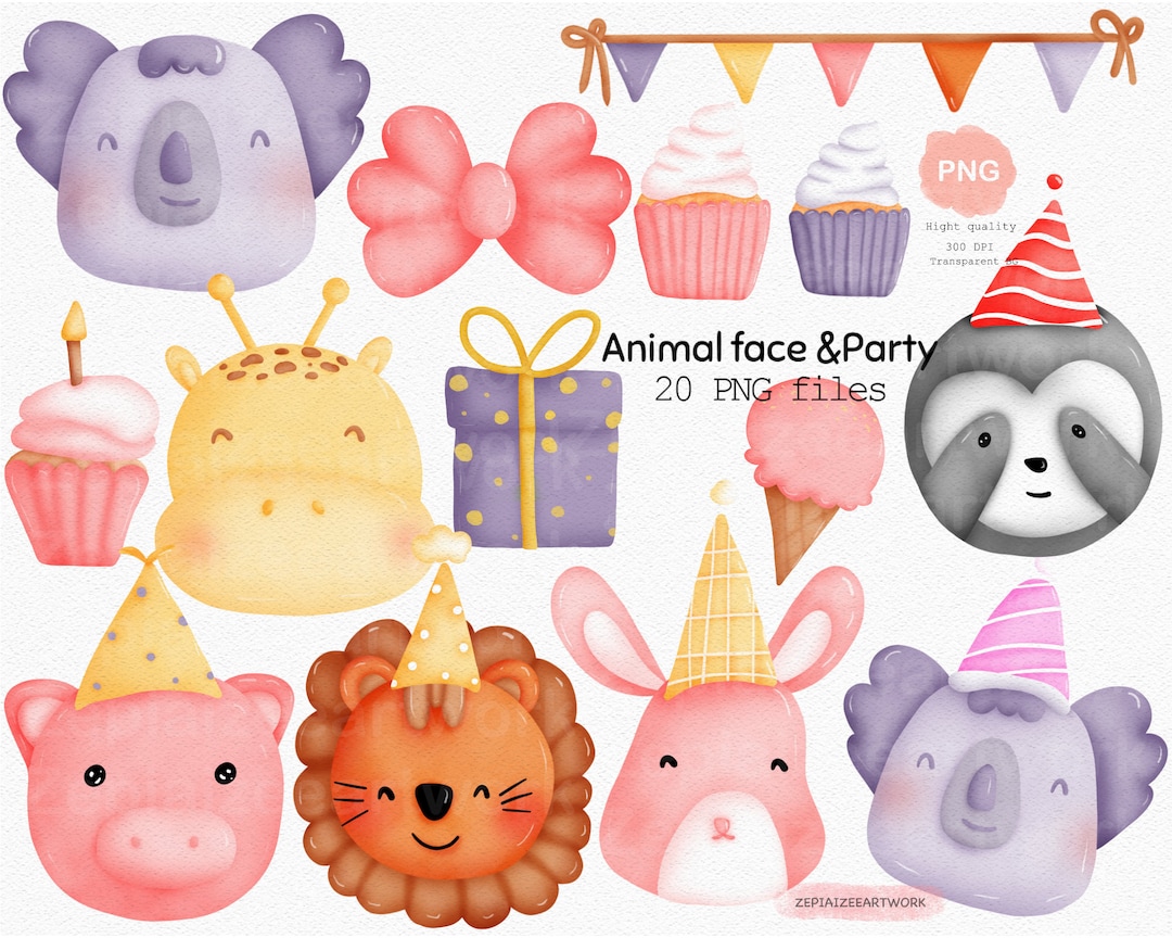 Animal Face and Party Hat Watercolor Clipart,bunny,giraffe,koala,sloth ...