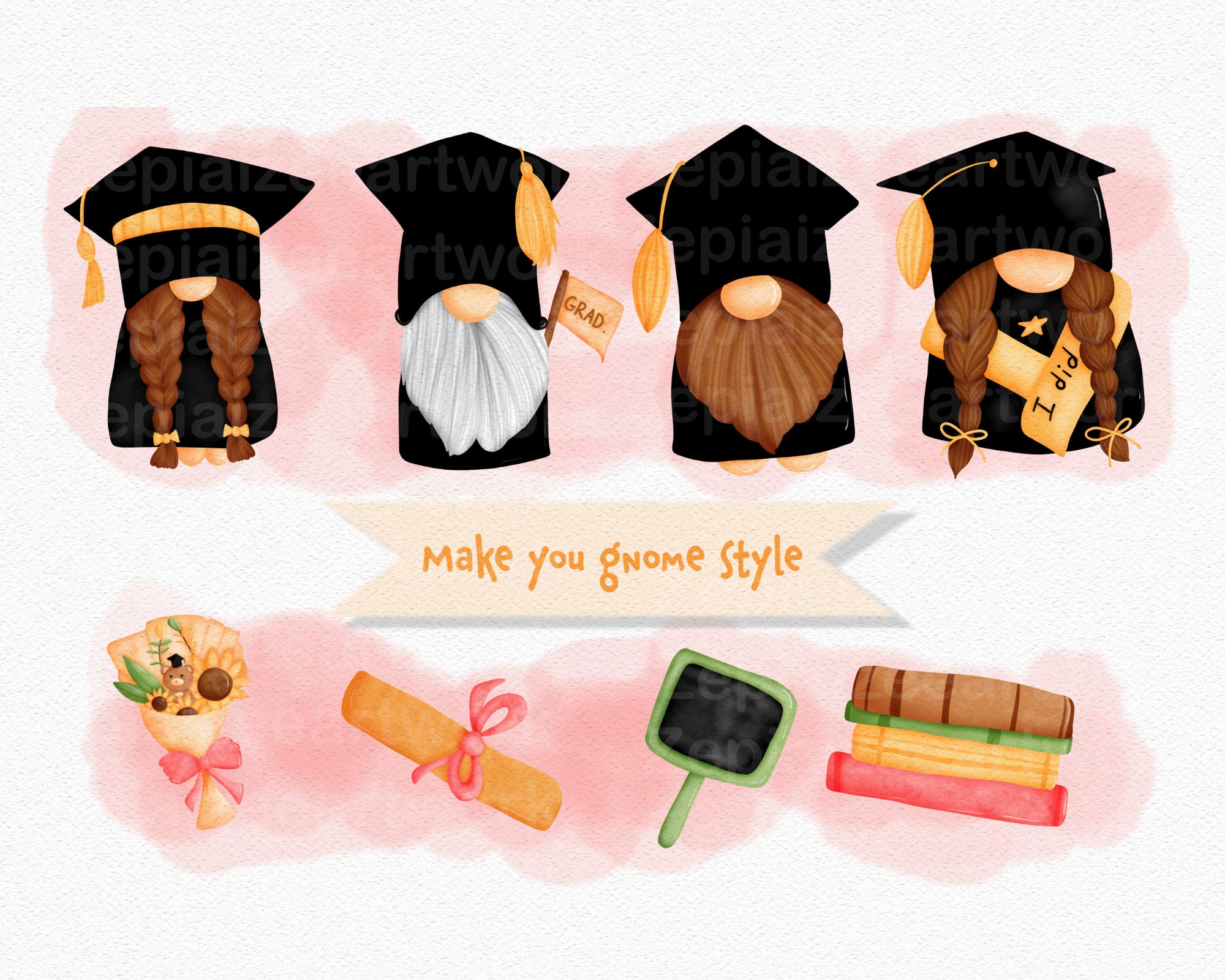 Graduation Day Gnome Watercolor Clipart,gnome Gown,teddy Bear ...