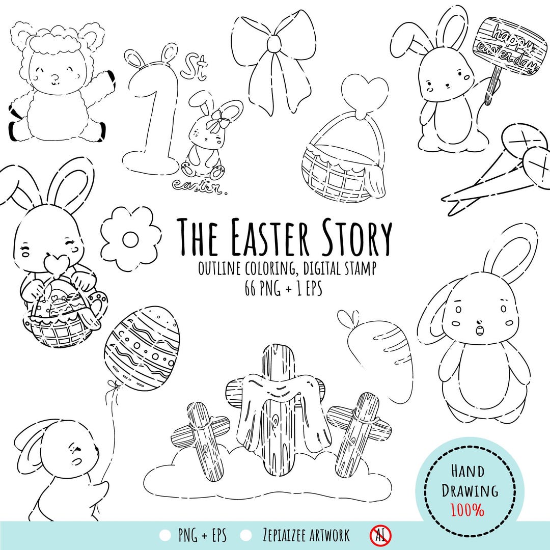 Rabbit Easter Day Coloring Page and Digital Stamp, Easter Bunny ...