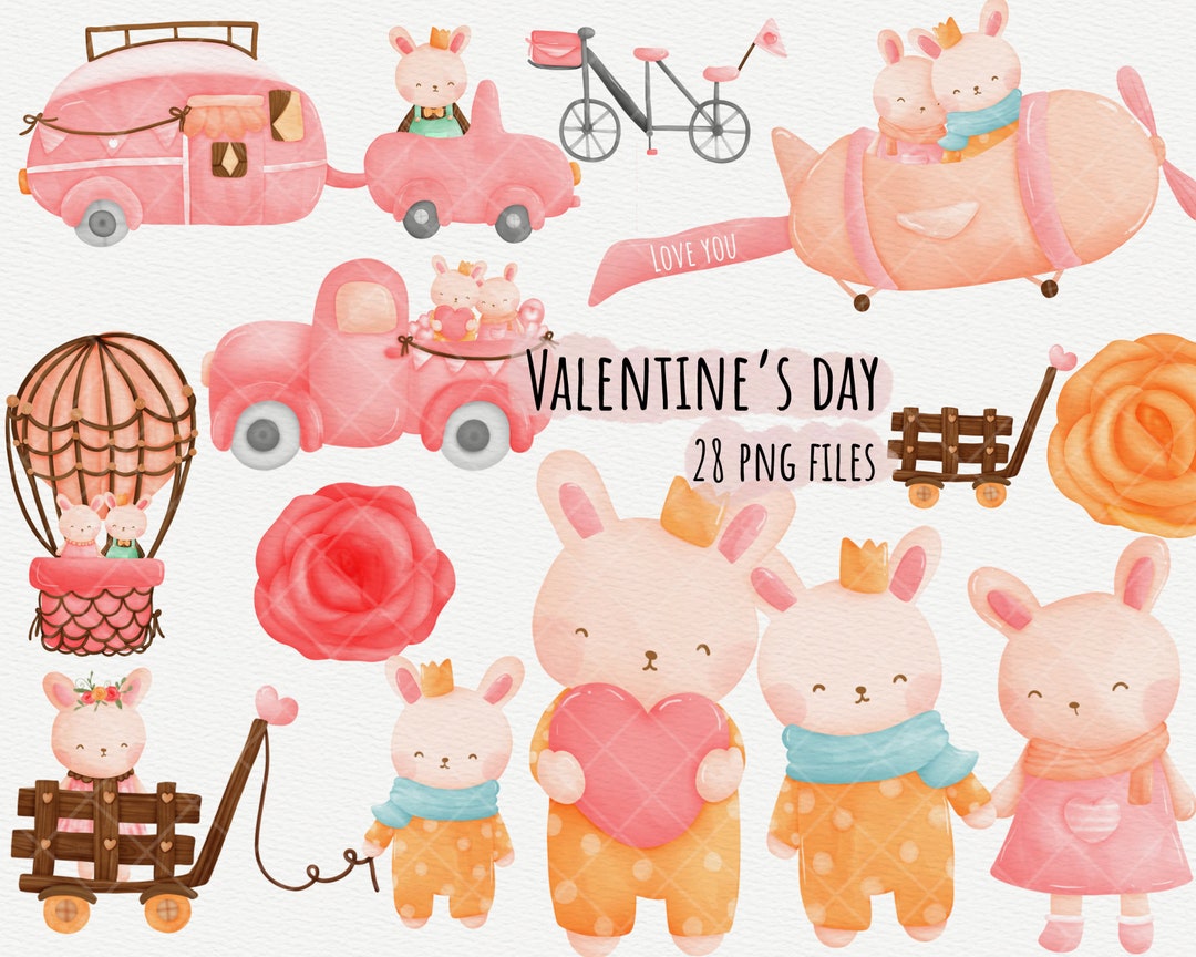 Bunny Valentines Day Clipart Watercolor - Etsy