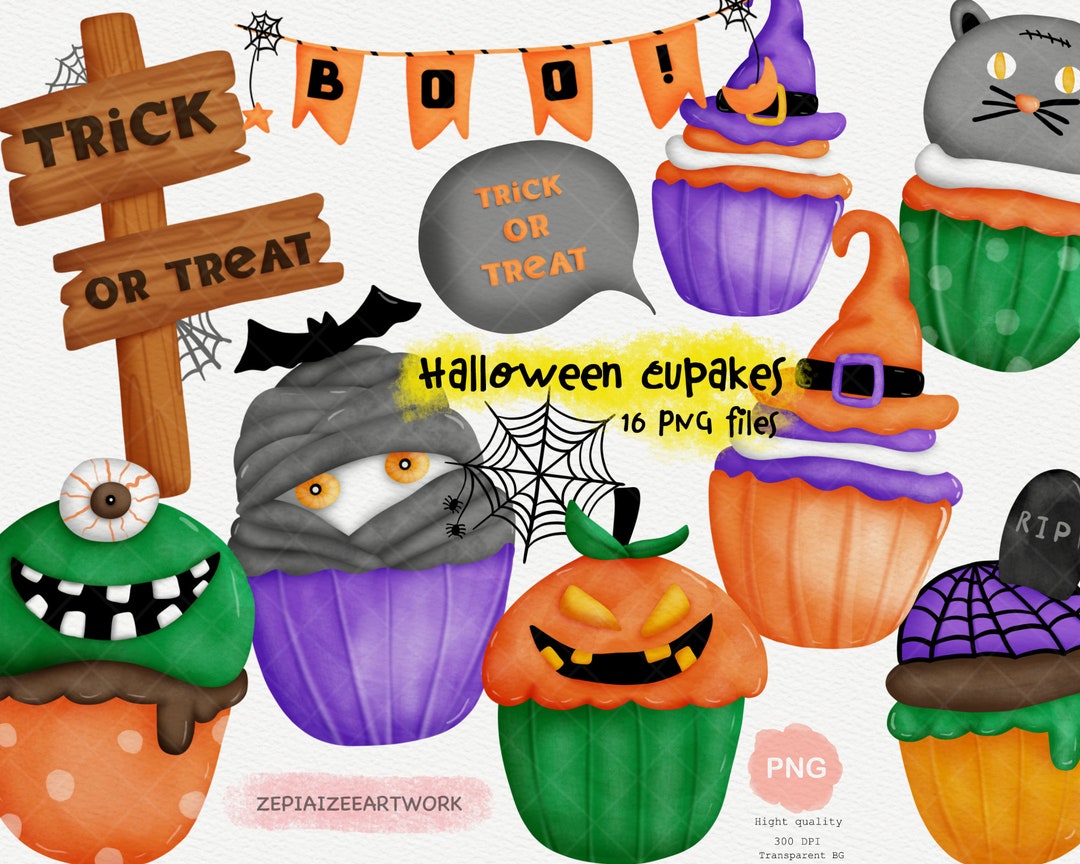 Halloween Cupcake Clipart Watercolor,sweet and Fun Trick or Treat Png ...