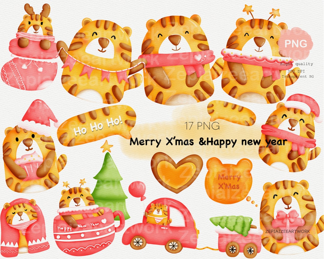 Tiger Merry Christmas and Happy New Year Watercolor Clipart,cute Animal ...