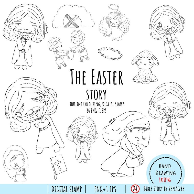 Jesus Easter Story Outline Coloring Digital Stamp - Christian Religious ...
