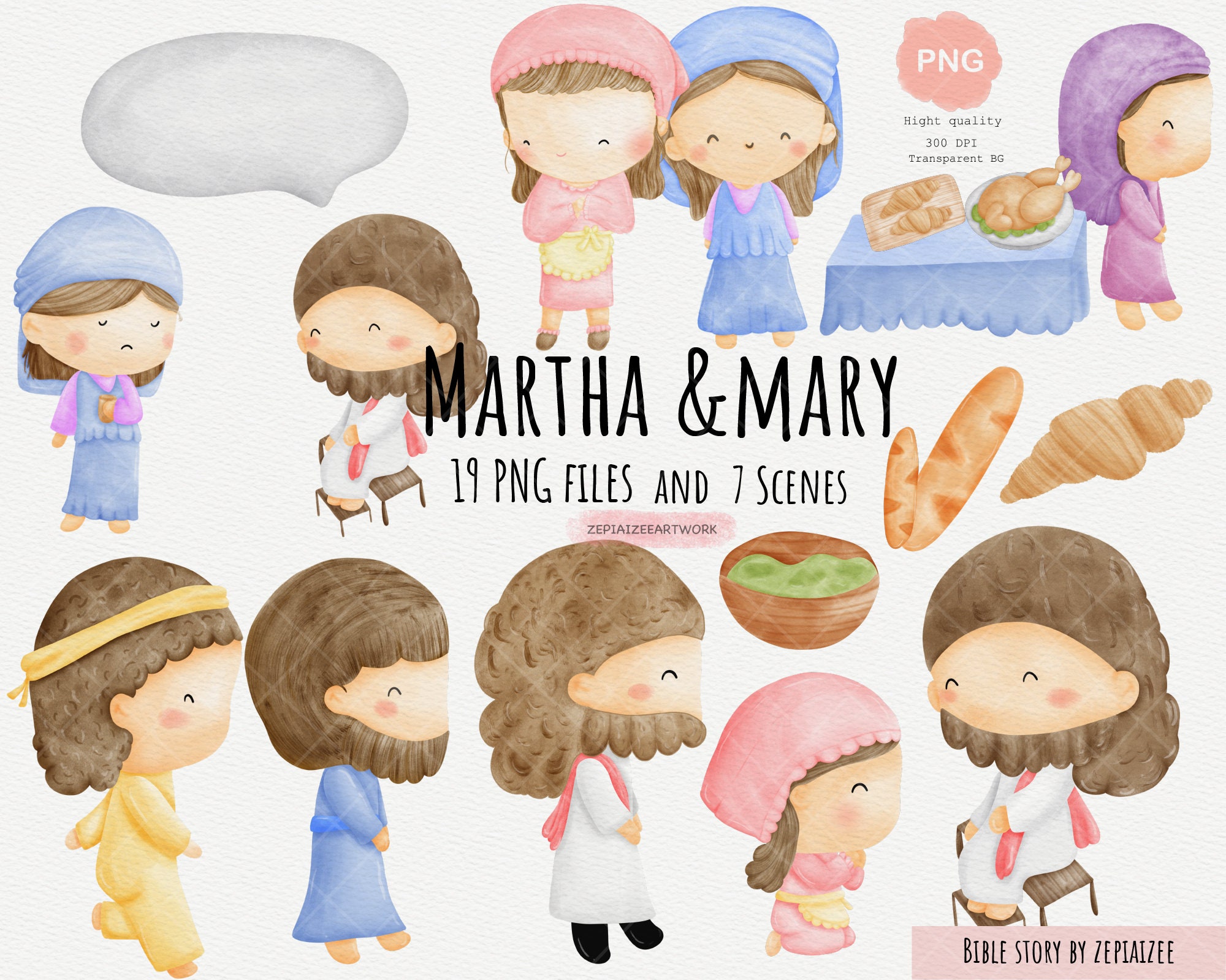 Martha and Mary Form Bible Story Clipart.jesus and Deciple Elements for ...