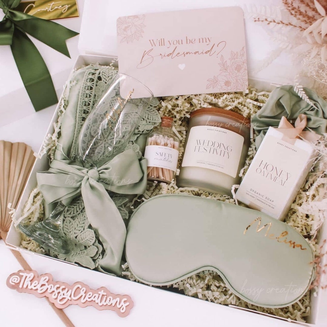Sage Green Luxury Bridesmaid Proposal Gift Box Self Care Satin Robe Eye ...