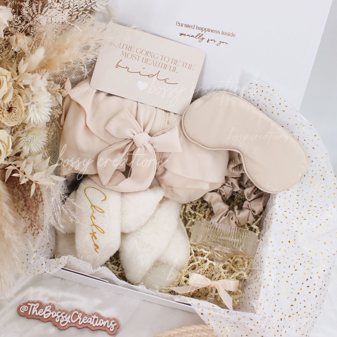 Fluffy Slippers Bride Gift Box Set With Robe Satin Bridal Engagement ...