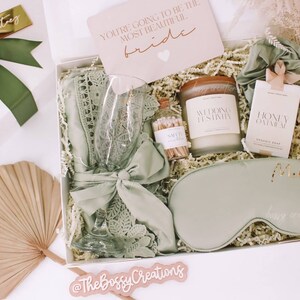 Sage Green Luxury Bridesmaid Proposal Gift Box Self Care Satin Robe Eye ...