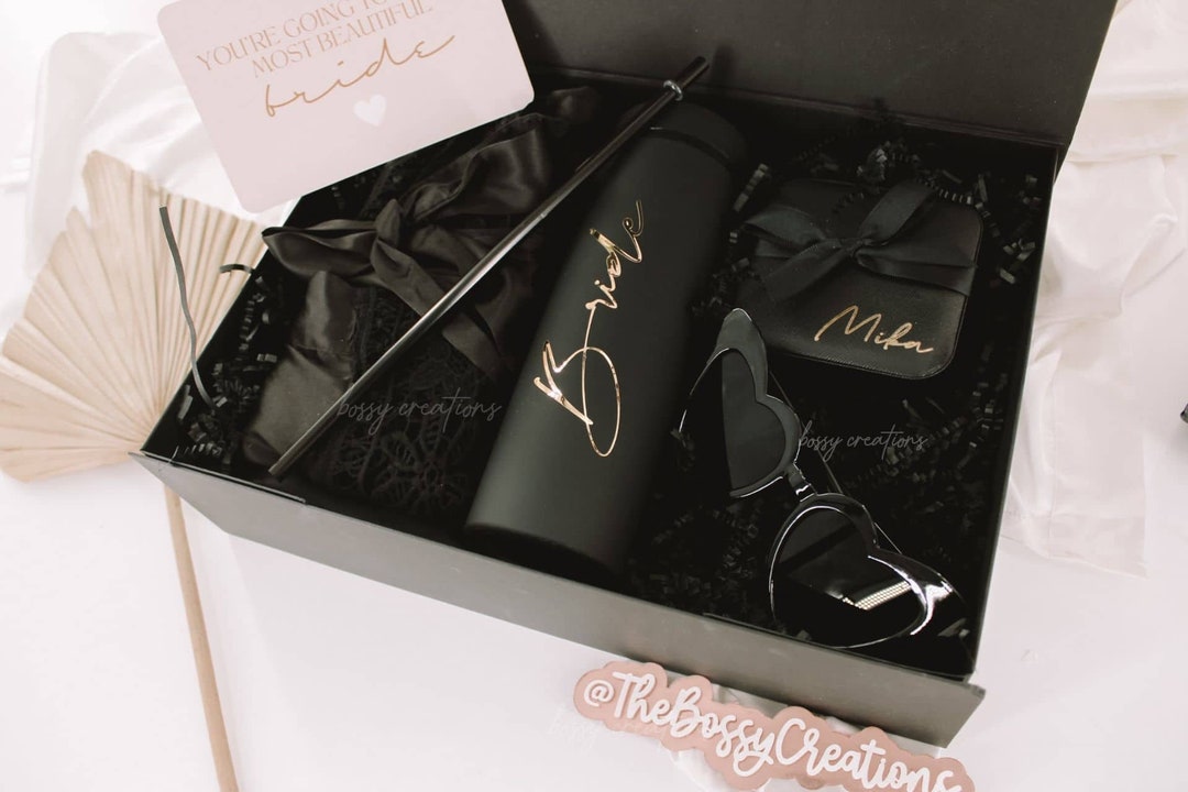 Black Bride Gift Box Set With Robe Satin Bridal Engagement Basket ...