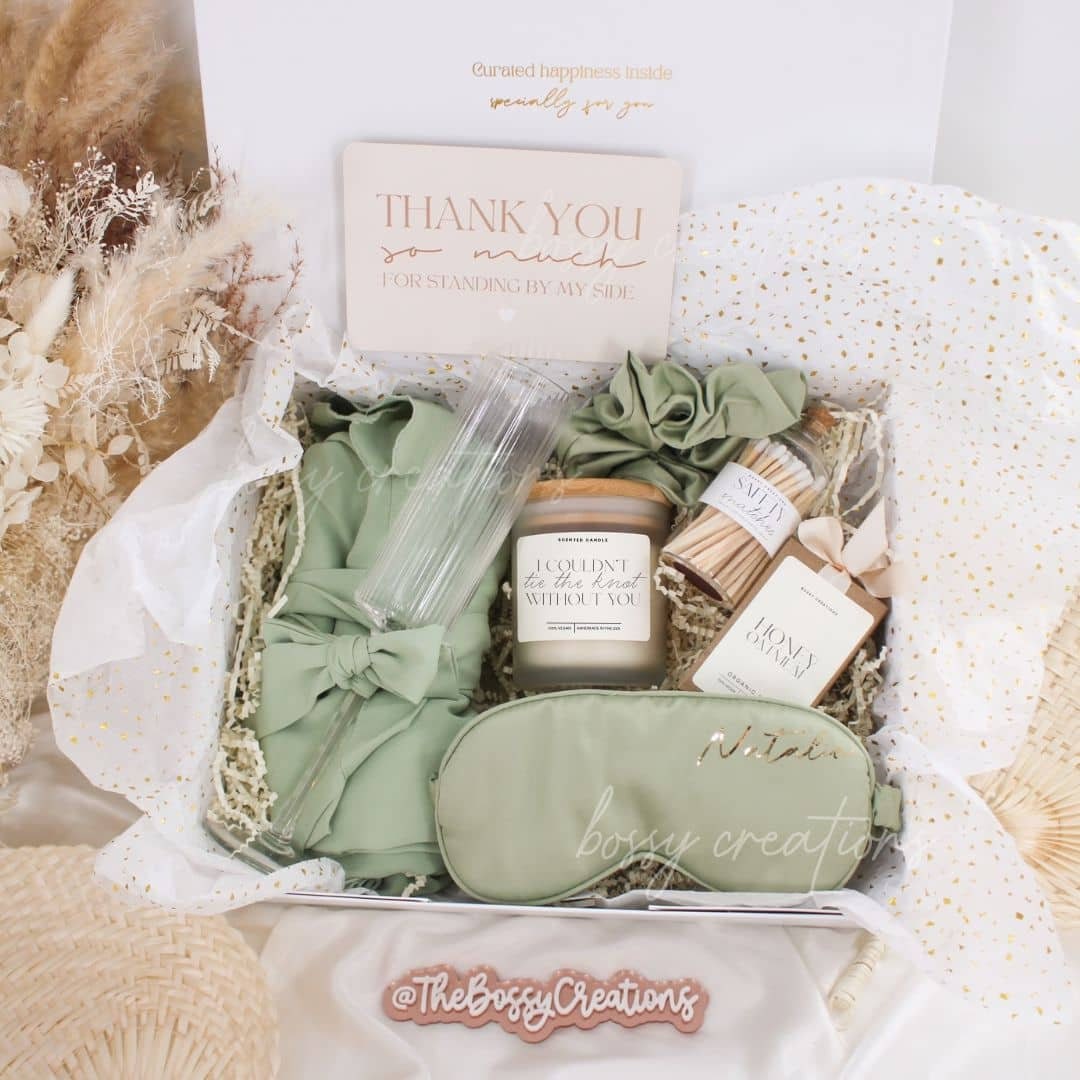 Sage Green Luxury Bridesmaid Proposal Gift Box Self Care Robe Satin Eye ...
