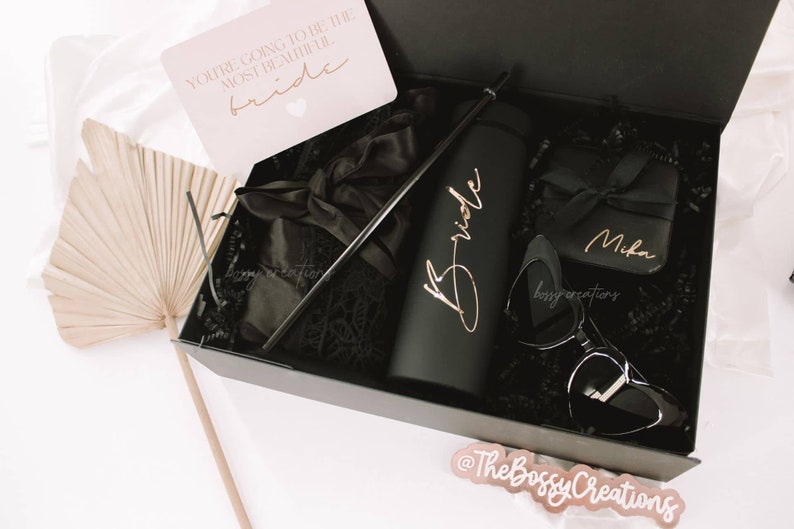 Black Bride Gift Box Set With Robe Satin Bridal Engagement - Etsy