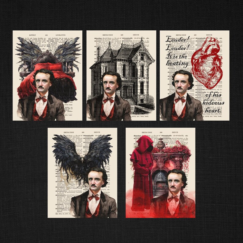 Edgar Allan Poe Dictionary Art Prints, Set of 5 Edgar Allan Poe Vintage ...