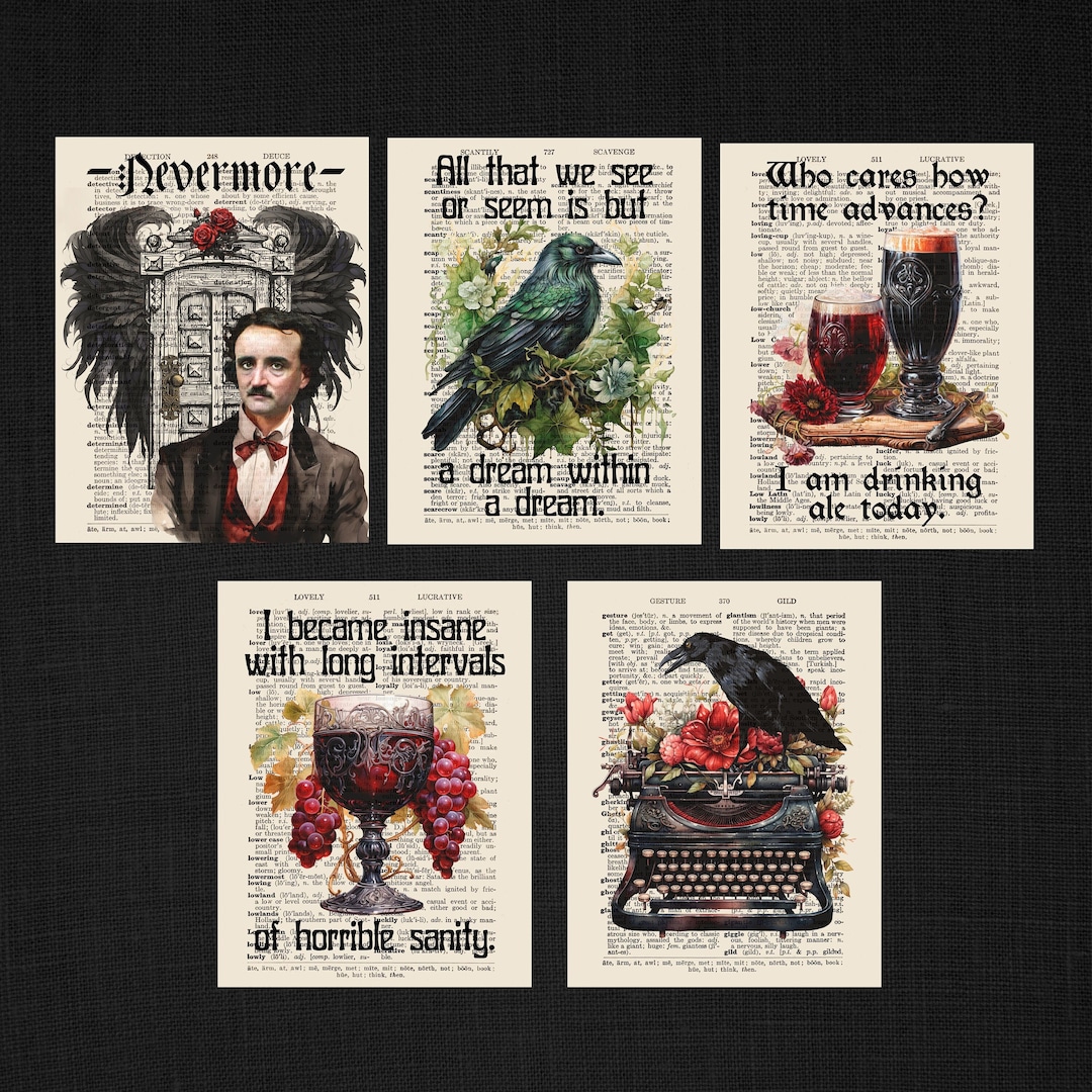 Edgar Allan Poe Dictionary Art Prints, Set of 5 Edgar Allan Poe Vintage ...