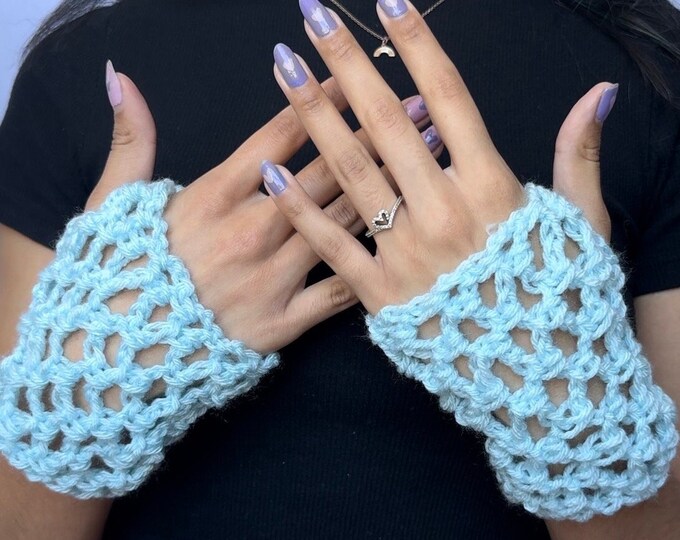 Blue Fingerless Fishnet Gloves, Crochet Hand Warmers - Cute Handmade ...