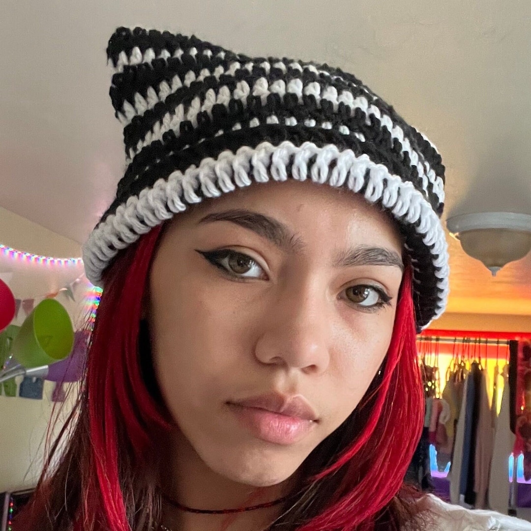 Black and White Crochet Striped Cat Ear Beanie, Crocheted Kitty Ear Hat ...