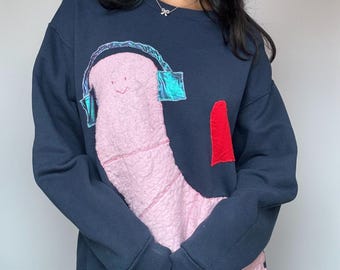 Cowboy Hat Worm Sweater - Hand-sewn Fall Crewneck Sweatshirt - Cute ...