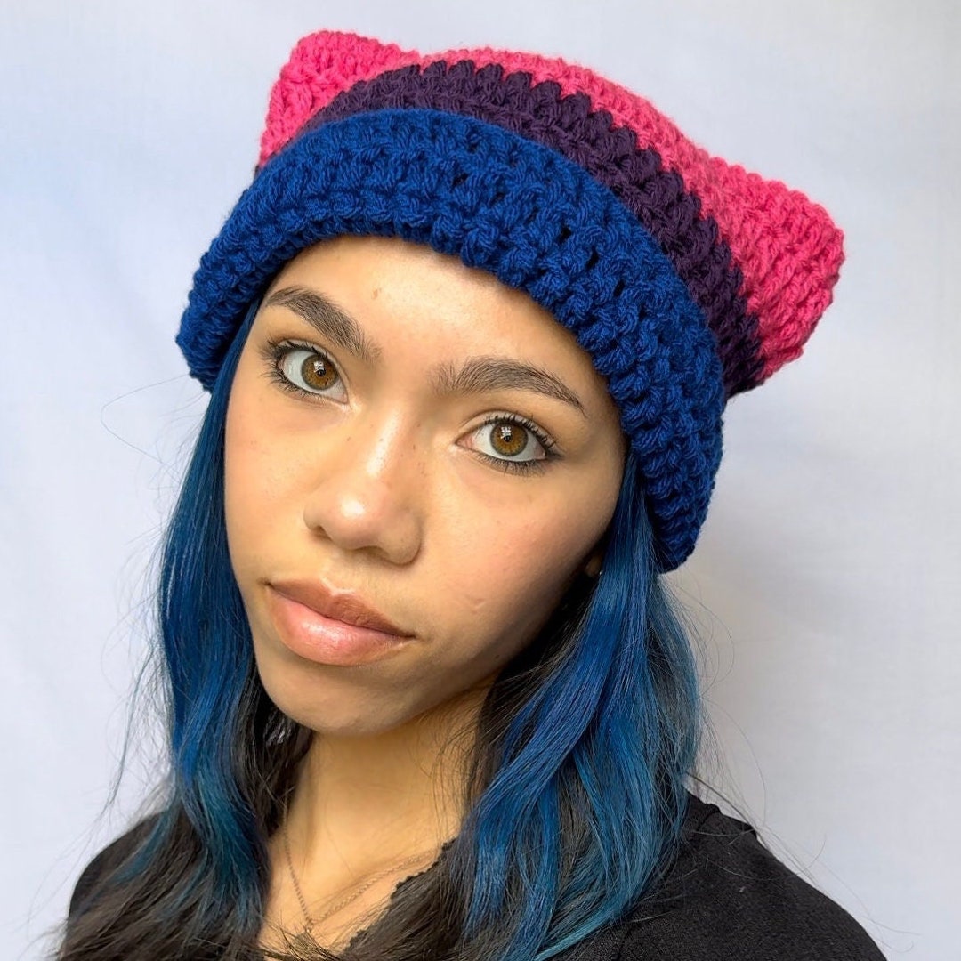 Crochet Bisexual Pride Flag Cat Ear Beanie - Striped Crocheted Kitty ...