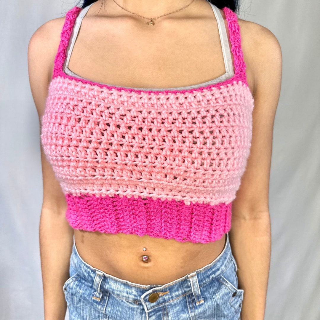 Pink Crochet Crop Top Two Toned Pink Crocheted Cropped Tank Top Cute