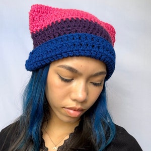 Crochet Bisexual Pride Flag Cat Ear Beanie - Striped Crocheted Kitty ...