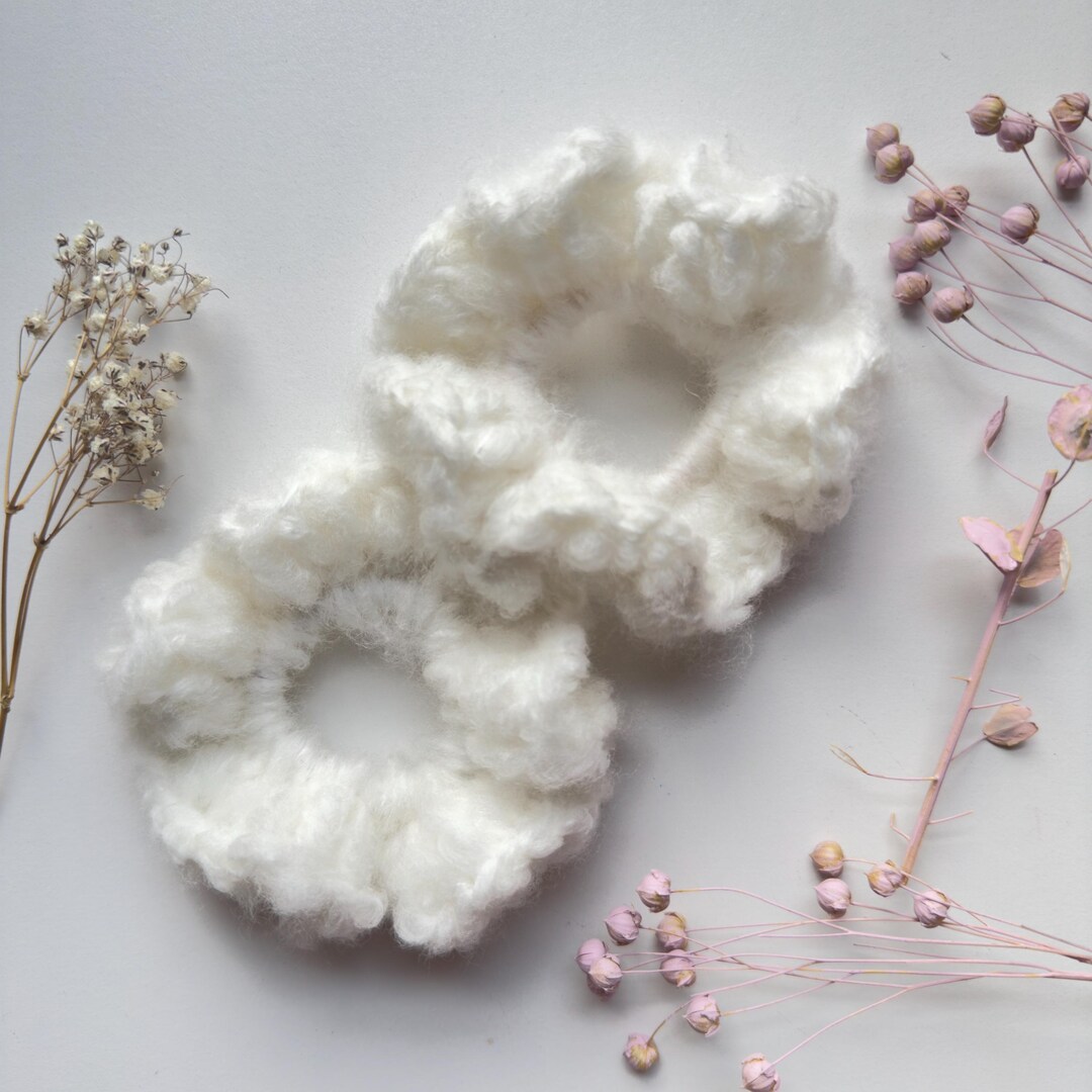 Crochet White Fluffy Wool Fur Scrunchies - Cute Handmade Accessories - Etsy