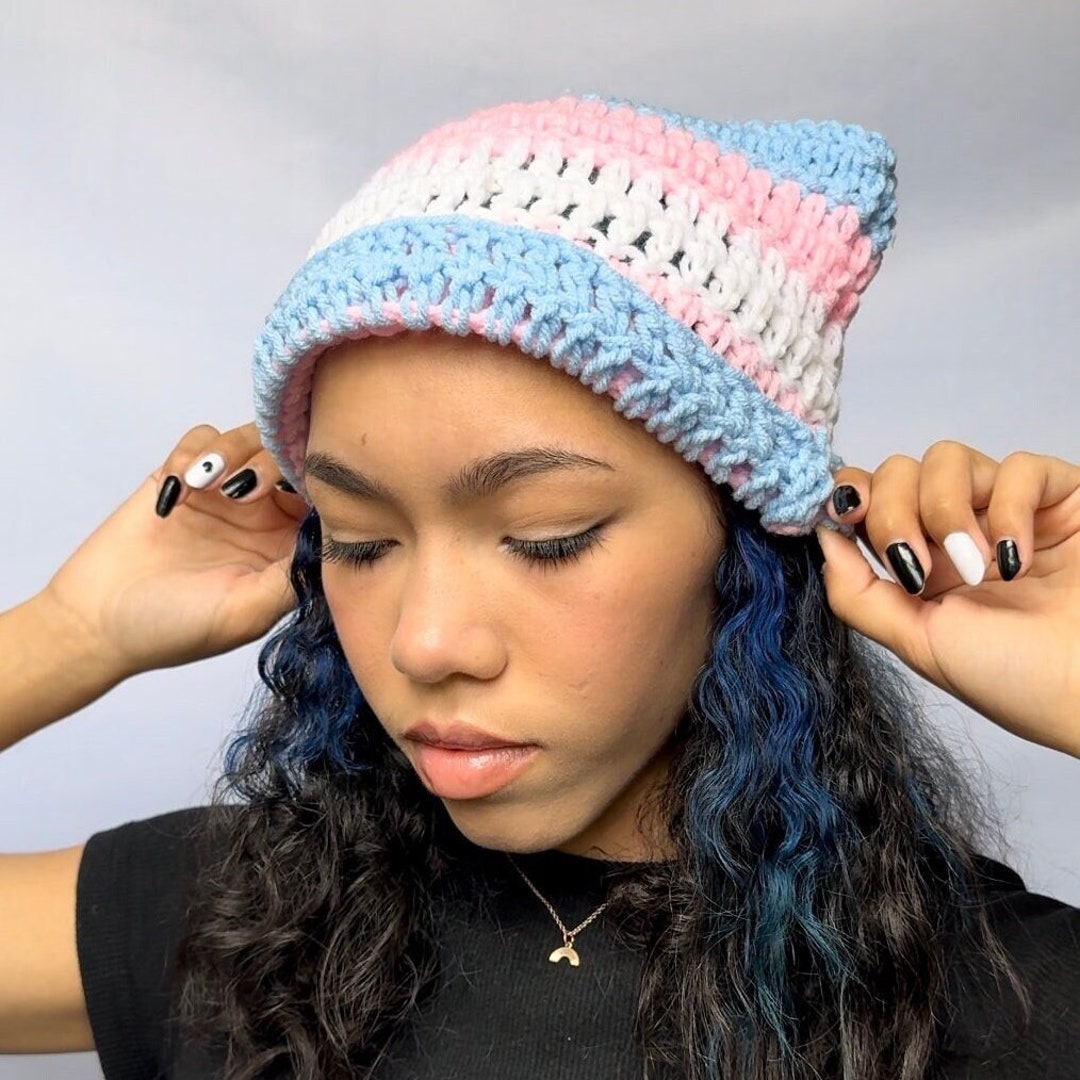 Cat Ear Beanie Transgender Pride Flag - Striped Crocheted Kitty Ear Hat ...
