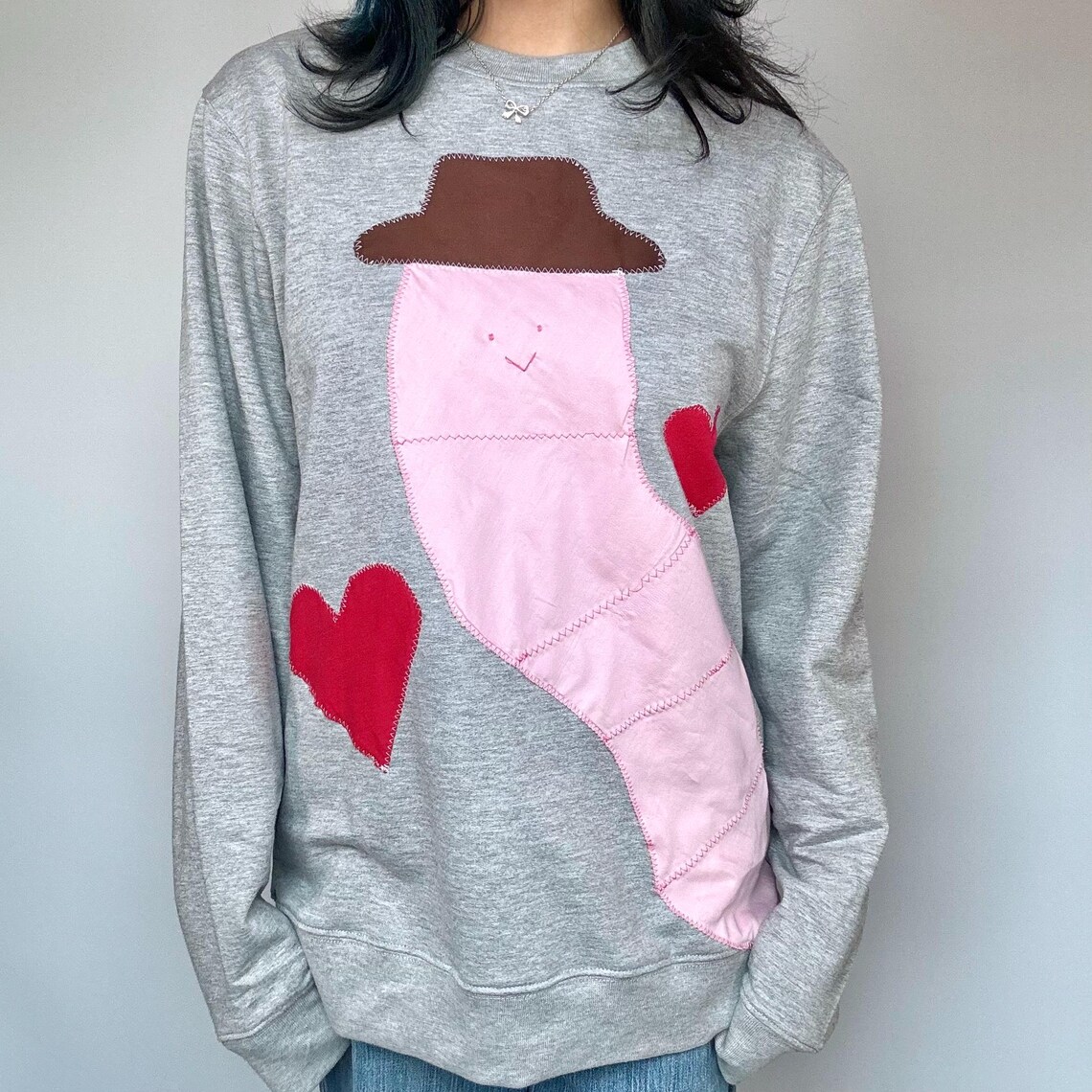 Cowboy Hat Worm Sweater - Hand-sewn Fall Crewneck Sweatshirt - Cute ...