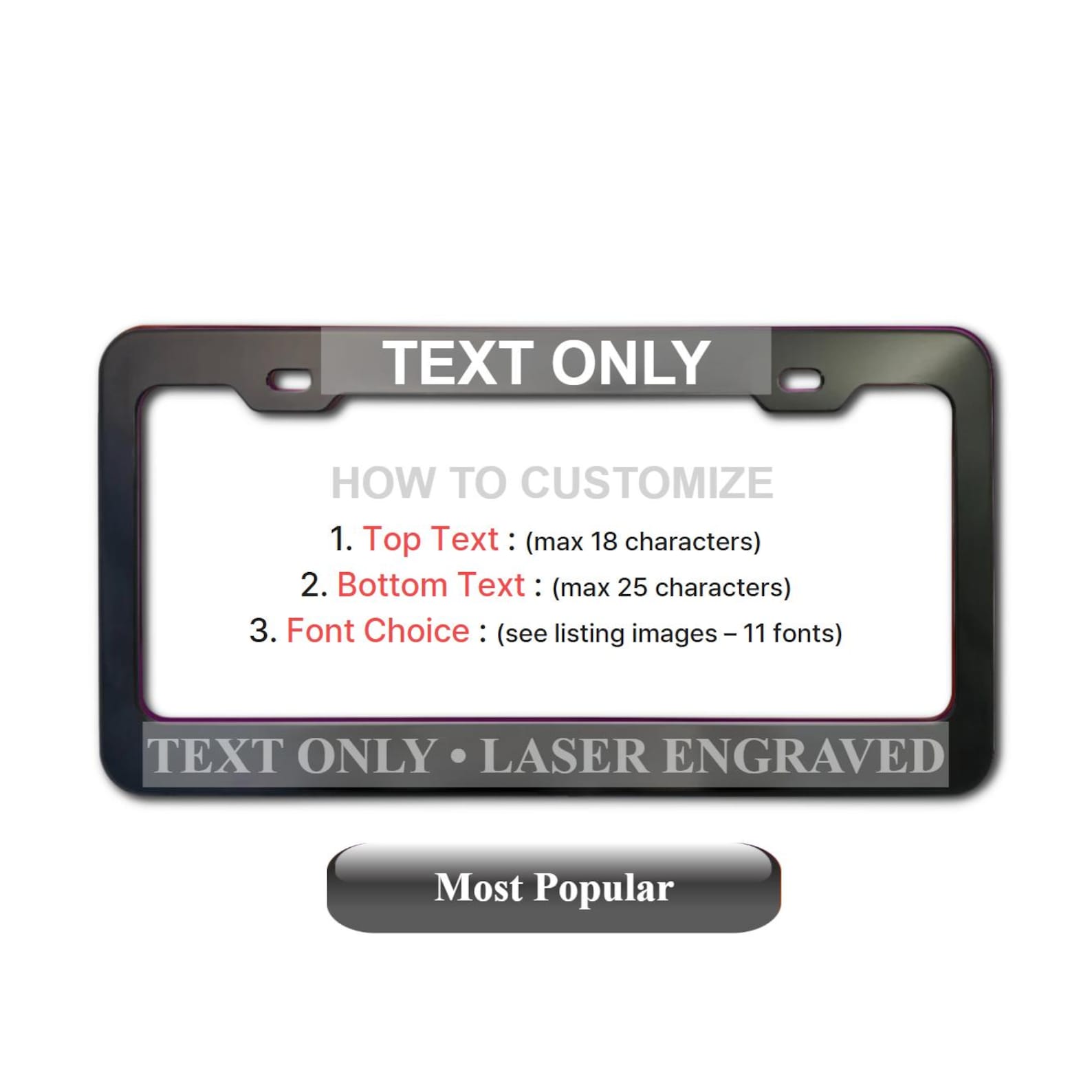Custom Black License Plate Frame, Laser Engraved Metal, Personalized ...