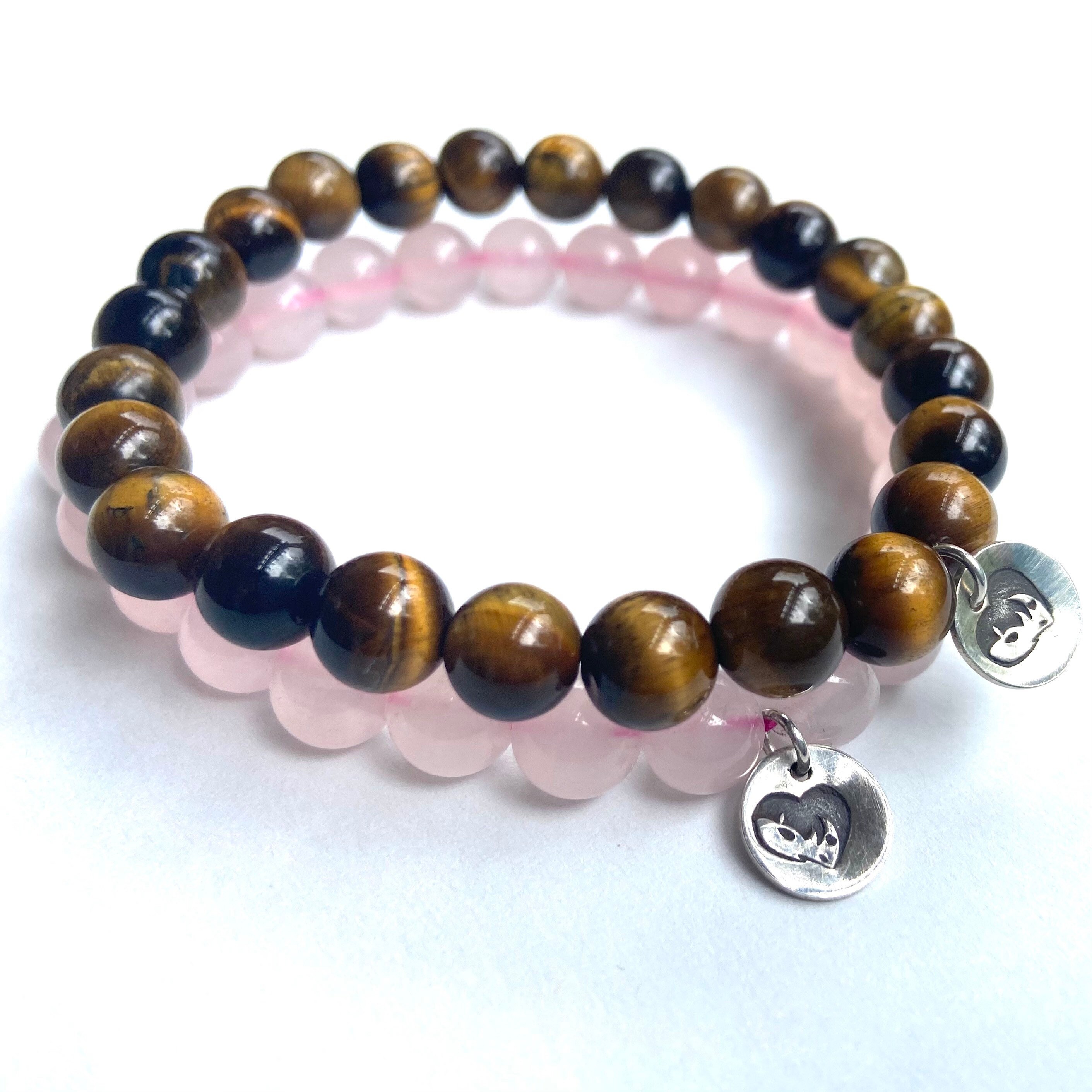 Tiger s Eye and Rose Quartz Beaded Rhino Bracelets Protection Love Donation Animal Conservation Care for Wild
