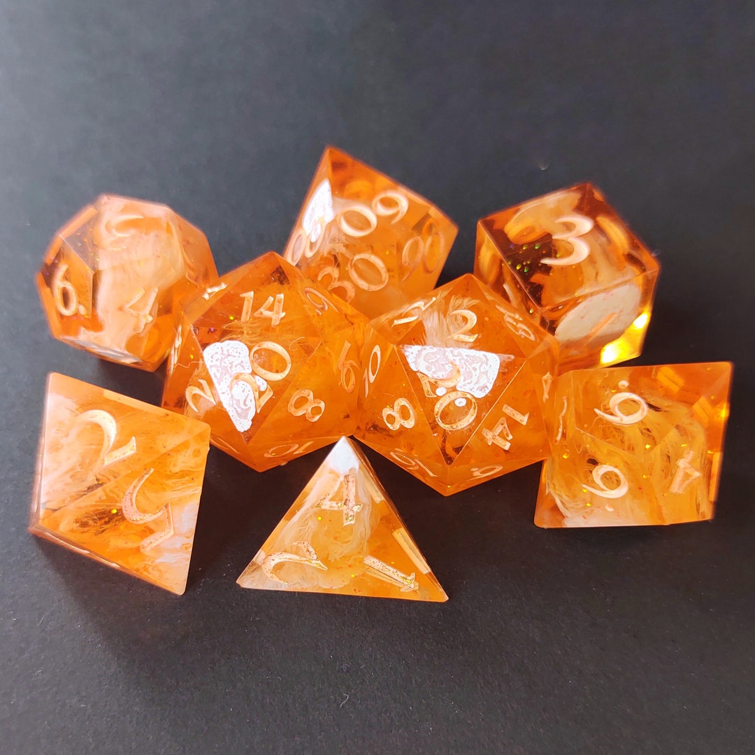 ORANGE SODA 8 Pc Sparkling Dice Set Handmade Sharp Edge Dice for ...
