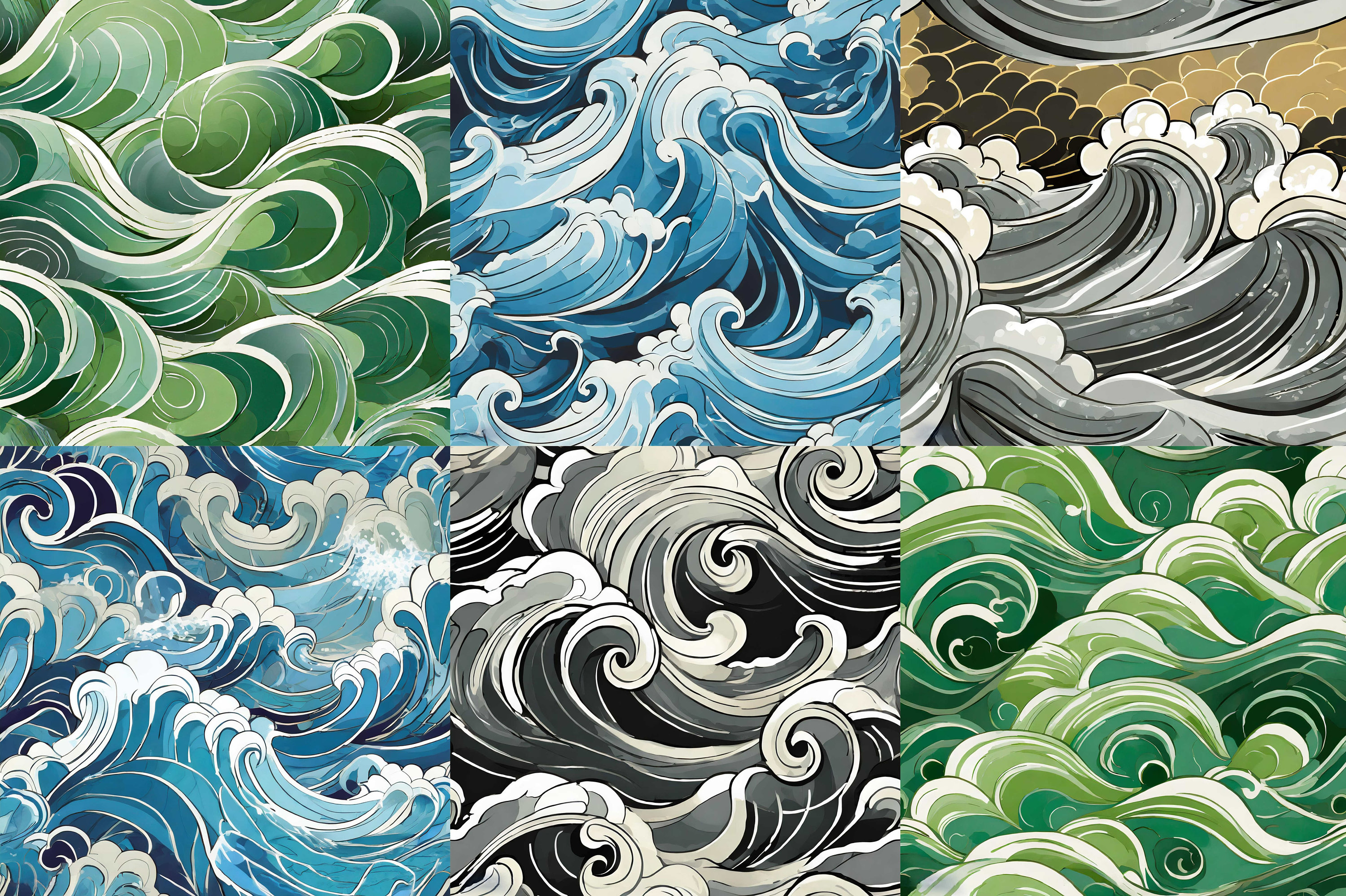 Pack of 12 Seemless Japanese Style Waves, Seamless Digital Paper Tile ...