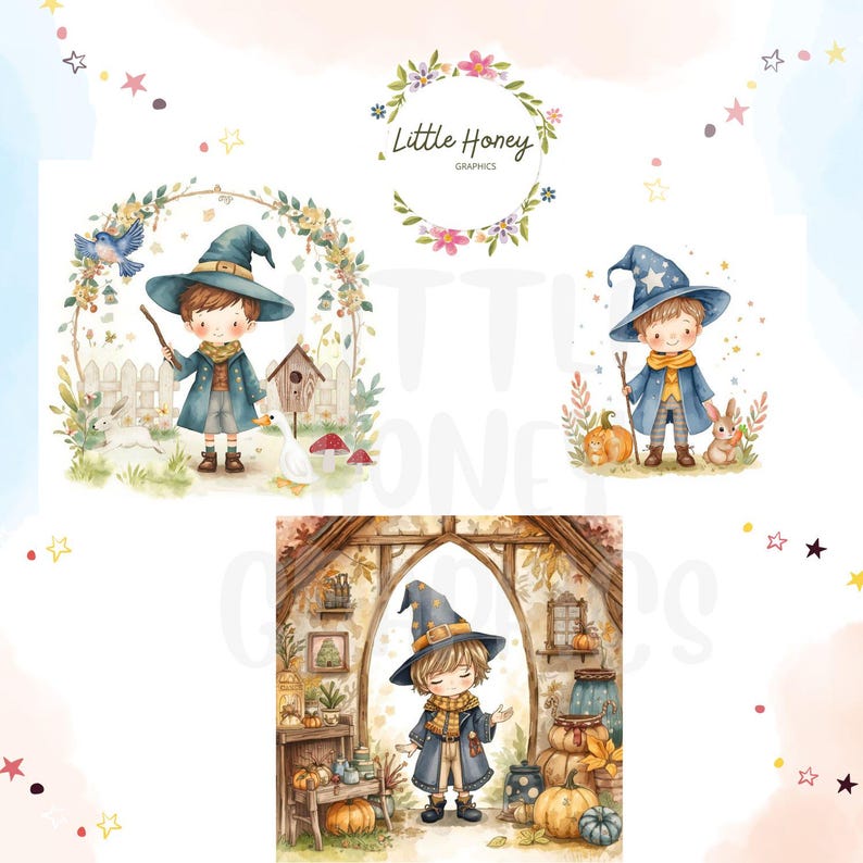 Watercolor Wizard Clipart Bundle 13 JPG PLUS 13 JPG Seamless Patterns ...