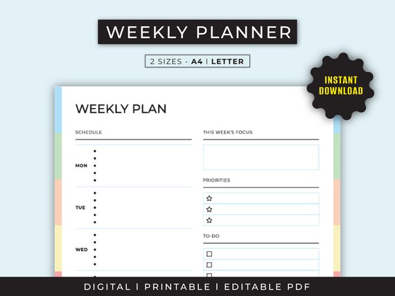 Weekly Planner Printable Weekly Calendar Schedule Weekly - Etsy