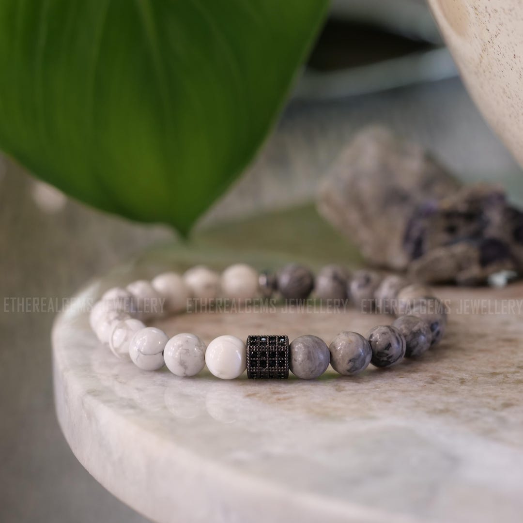 Howlite Grey Jasper 8mm Beaded Natural Gemstone Elastic Bracelet ...