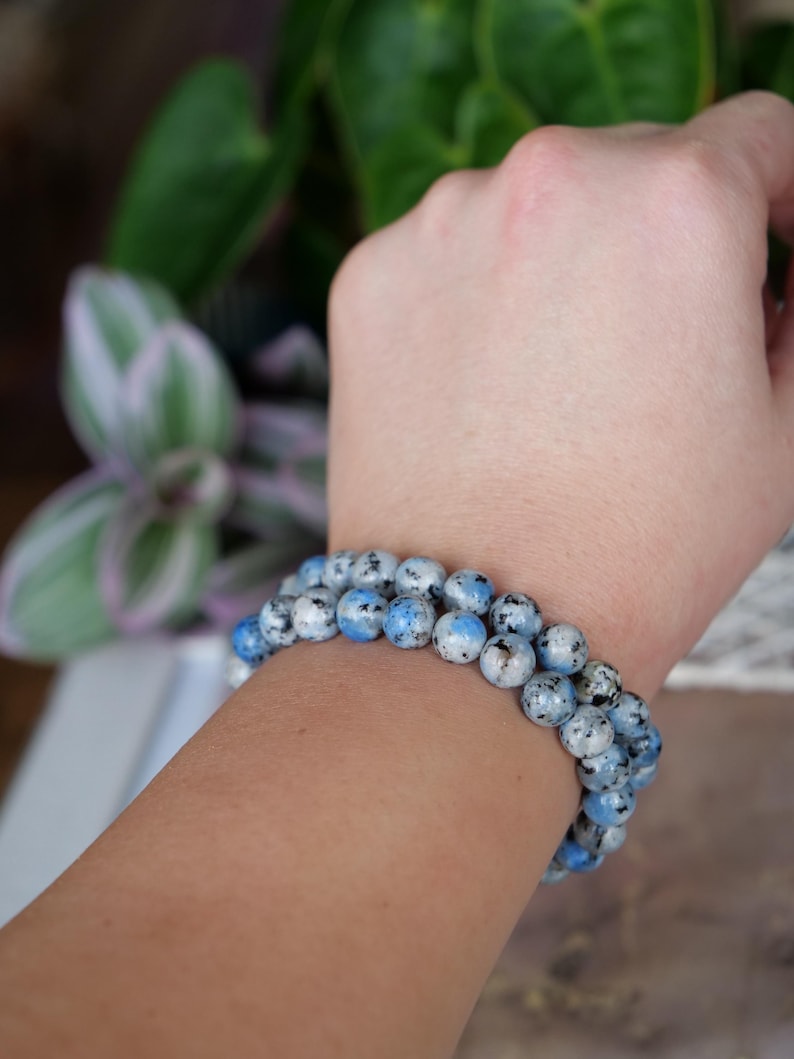 K2 Azurite Granite 8mm Beaded Natural Gemstone Elastic Bracelet ...