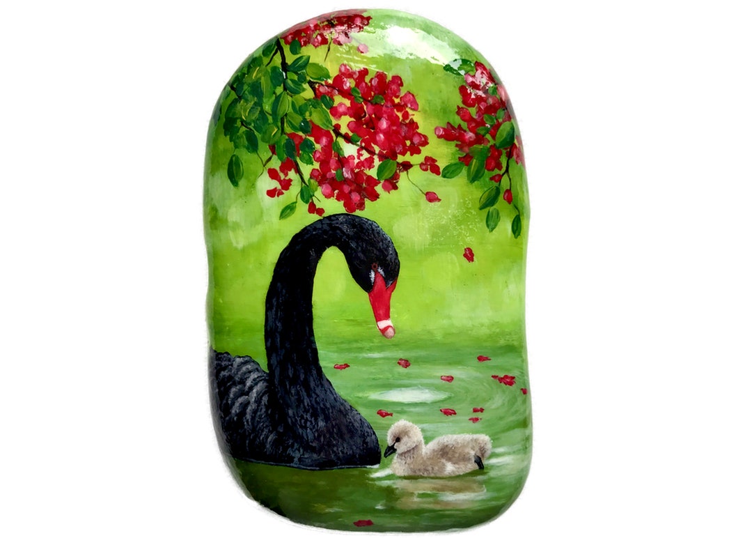 Hand Painted Natural Stone Black Swan on the Lake in the - Etsy