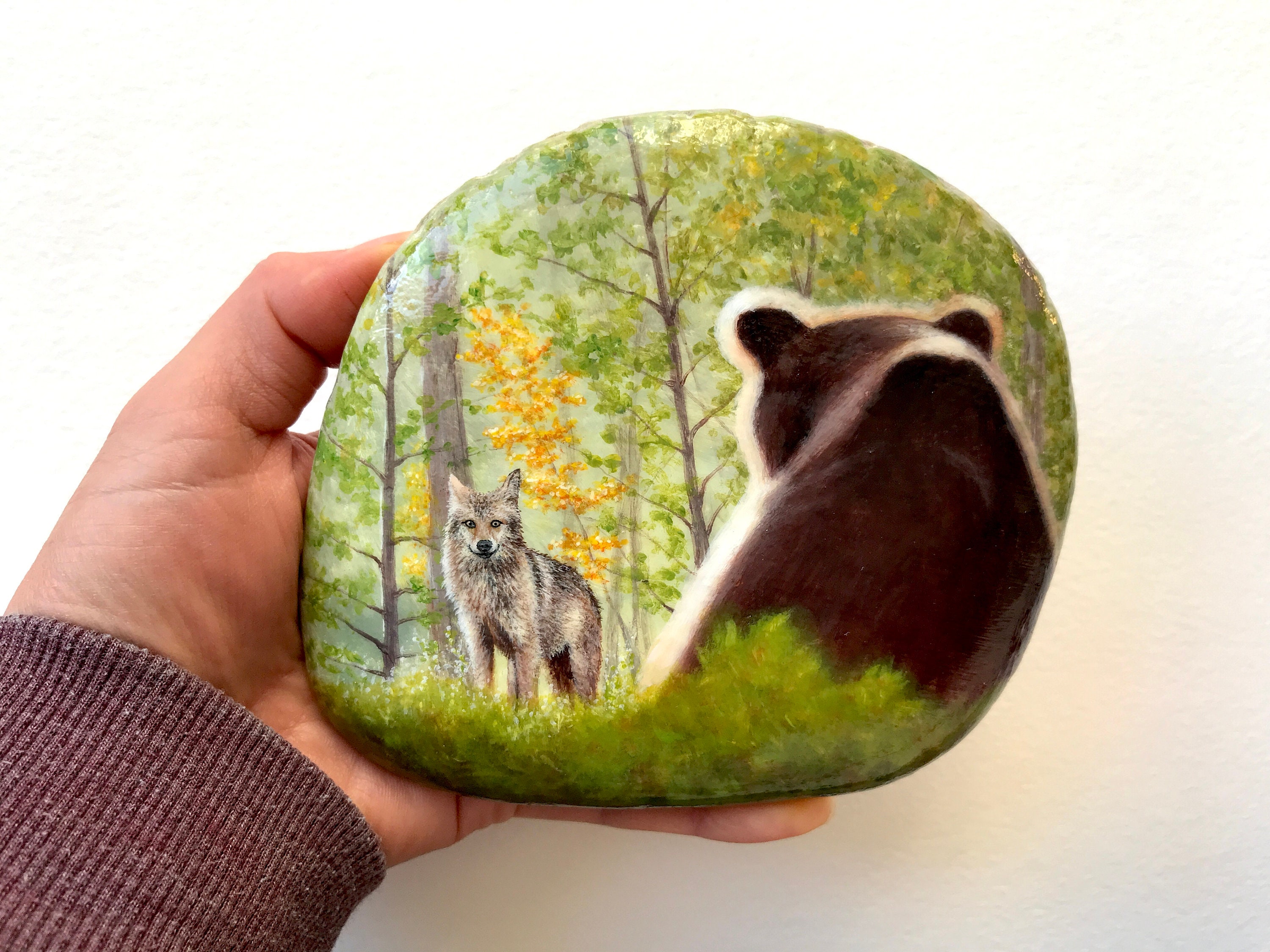 Painted Natural Stone Wolf and Bear in Autumn Forest Wildlife - Etsy