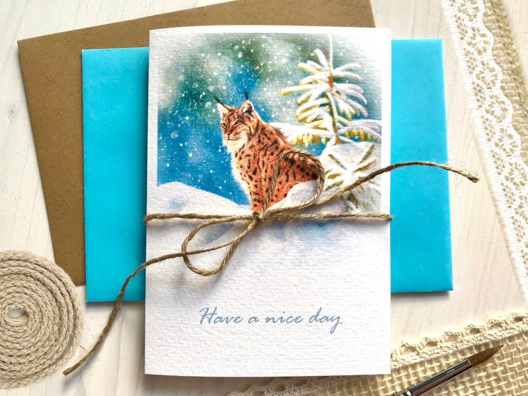 Greeting Card Lynx Snow Sunshine Winter Photorealistic Watercolor Paper ...