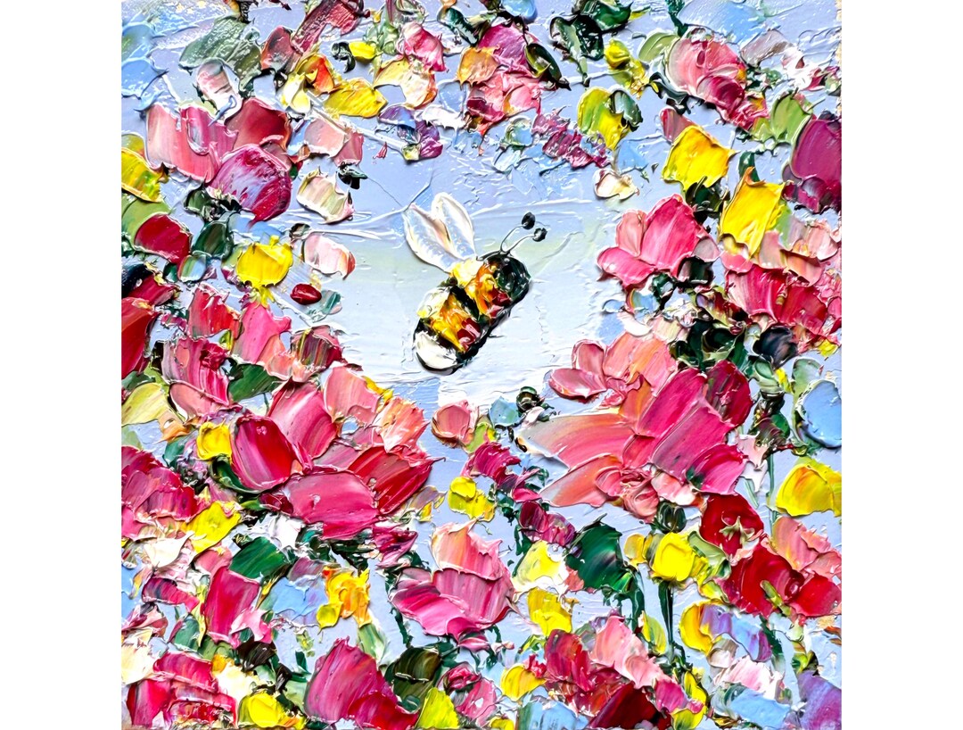 Impasto Bee Painting: Small Floral Oil Art, Framed 4x4 - Etsy UK