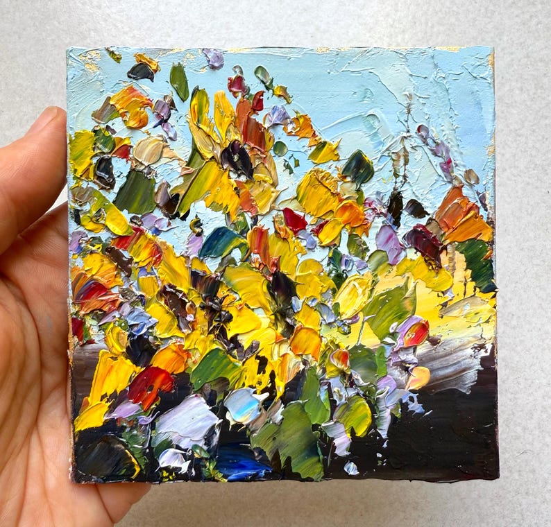 Impasto Sunflower Painting: Small Floral Oil Artwork, 4x4 - Etsy Canada